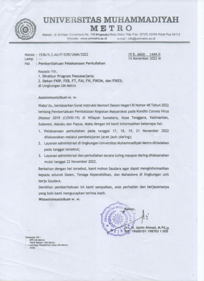 PEMBERITAHUAN PELAKSANAAN KULIAH